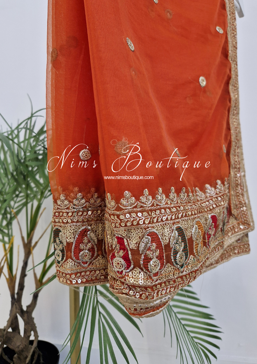 Sunidhi Orange Multicolour Organza Dupatta/Chunni